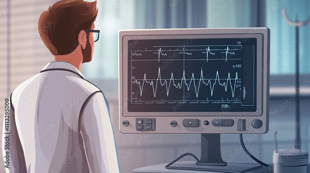 Illustration of a uniformed doctor standing next to a vital signs ...