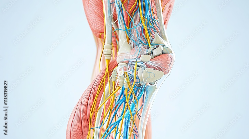 Medical illustration of human tendons, focusing on connections between ...