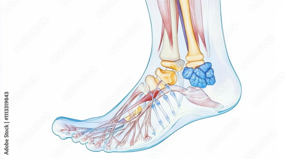 Medical illustration of the human foot, showing the bones, muscles, and ...