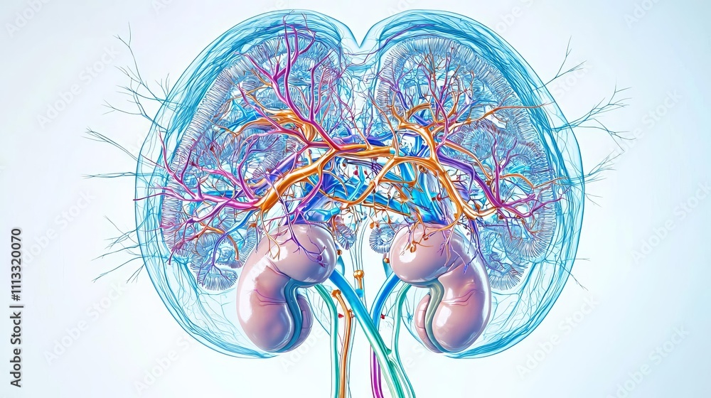 Realistic diagram of the adrenal glands located above the kidneys ...