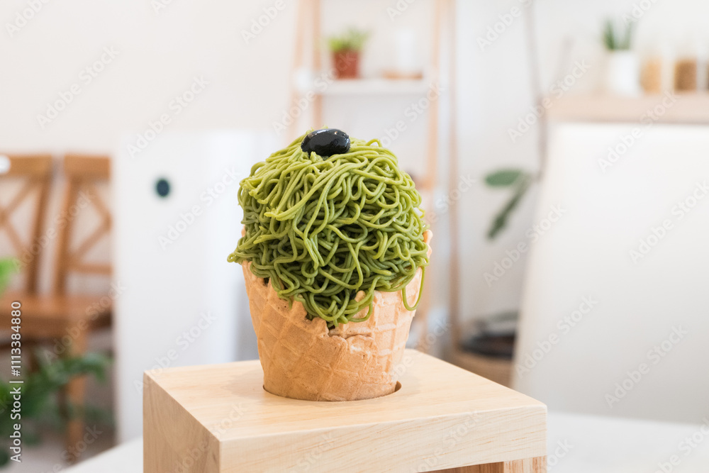 Montblanc Matcha green tea icecream in waffle cone.Matcha soft serve in ...