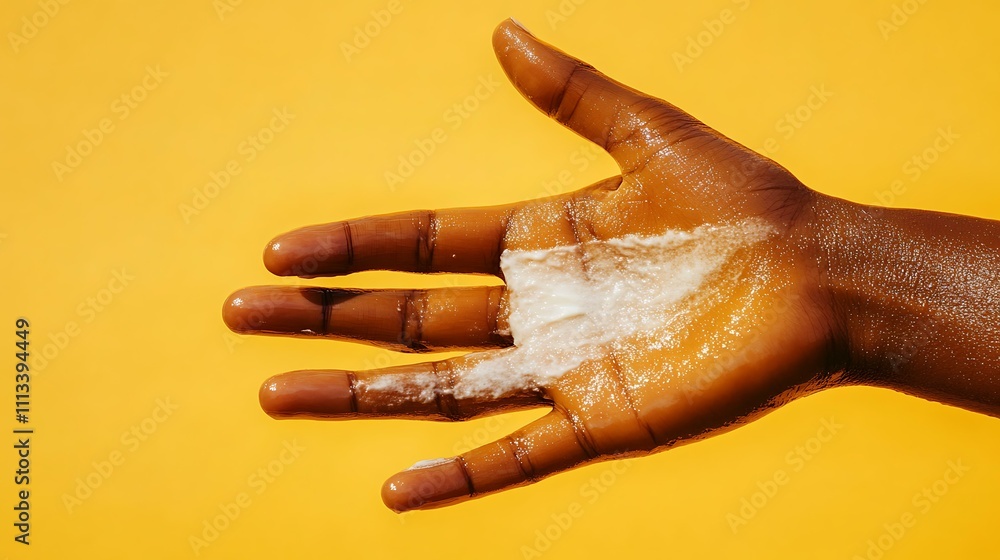 two fingers applying sunscreen on back of the hand, clean background ...