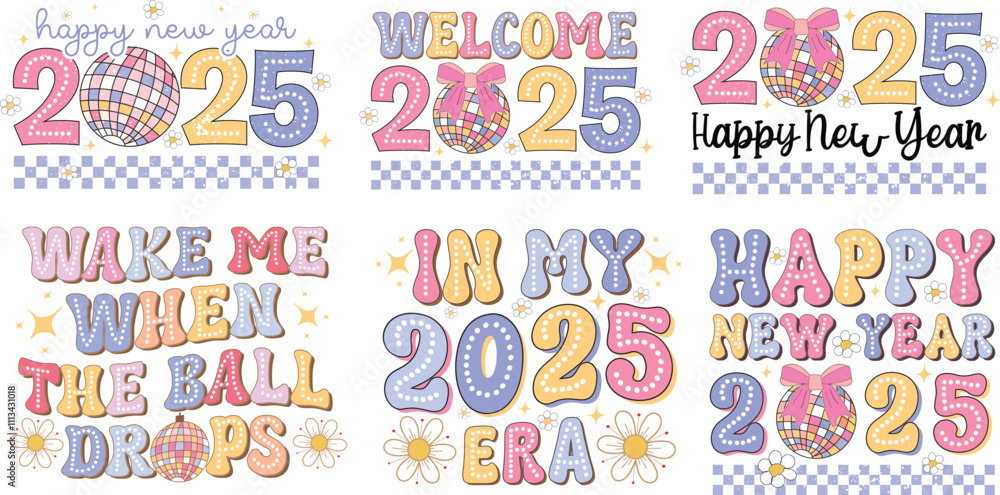 Retro happy new year 2025 SVG bundle, welcome 2025, in my 2025 era ...