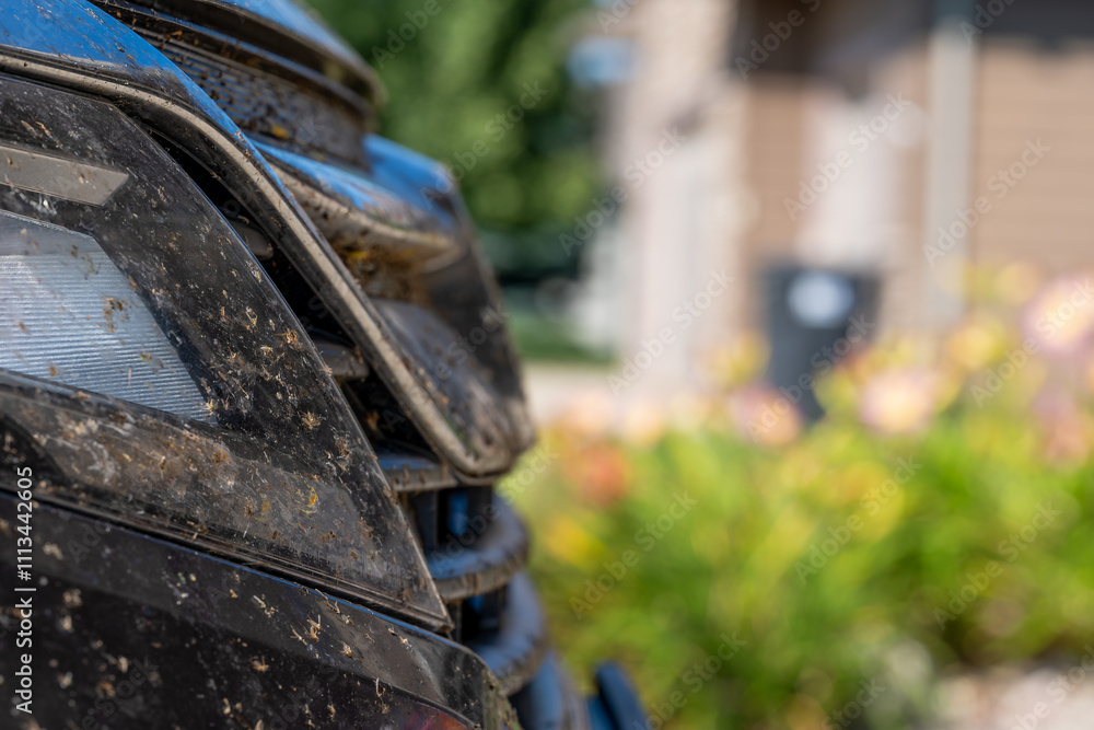 Squished and smeared dead bugs on the front grill of a vehicle. Stock ...