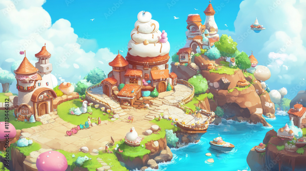 Chocolate candy land island for sweet game world. Fantasy cream cake ...