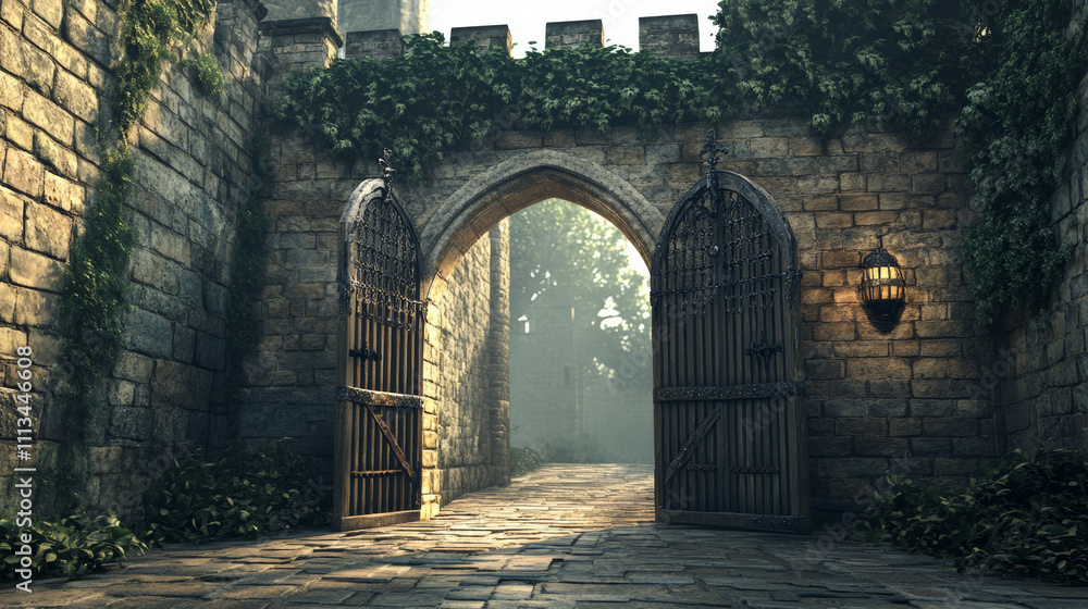 Cartoon medieval castle gates opening animation for game. Palace door ...