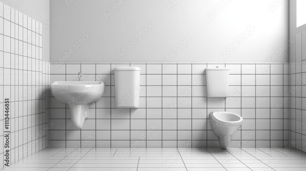 Ceramic urinal and basin in public male toilet. Vector realistic empty ...