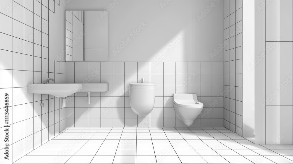 Ilustración de Stock Ceramic urinal and basin in public male toilet. Vector realistic empty ...