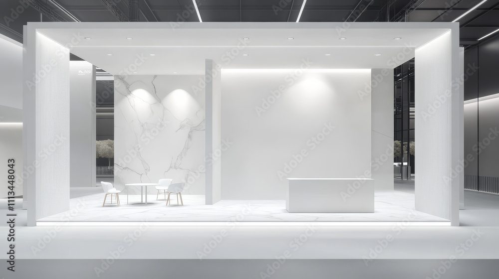 3d trade event mockup. White display booth stand. Empty fair wall and ...