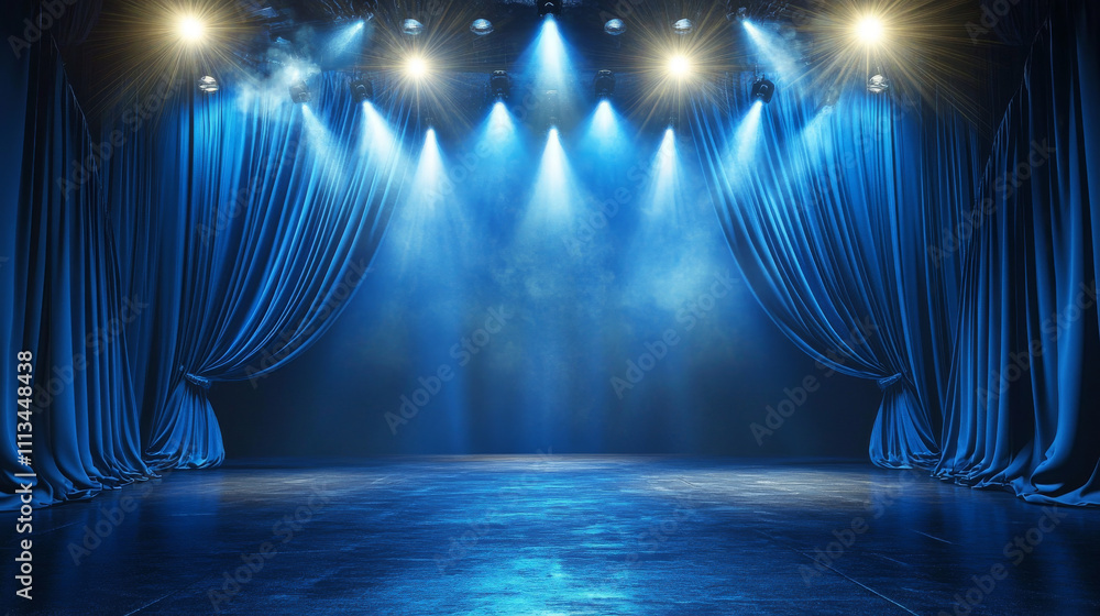 Blue curtain with spotlights on stage. Vector realistic illustration of ...