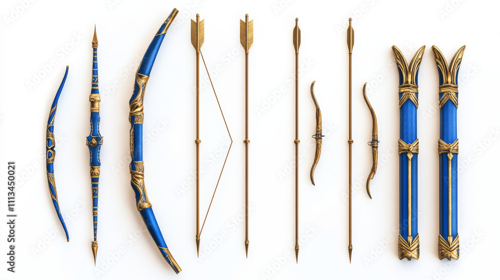 Golden bows and arrows set isolated on background. Vector cartoon ...