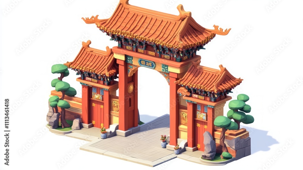 Asian style gate, low poly, 3d model, isometric view, traditional ...