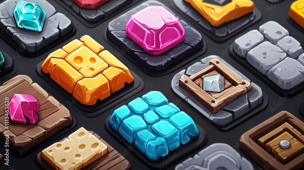 Game ui app icons, round buttons, cartoon menu interface textured blocks. Gui graphic design ...