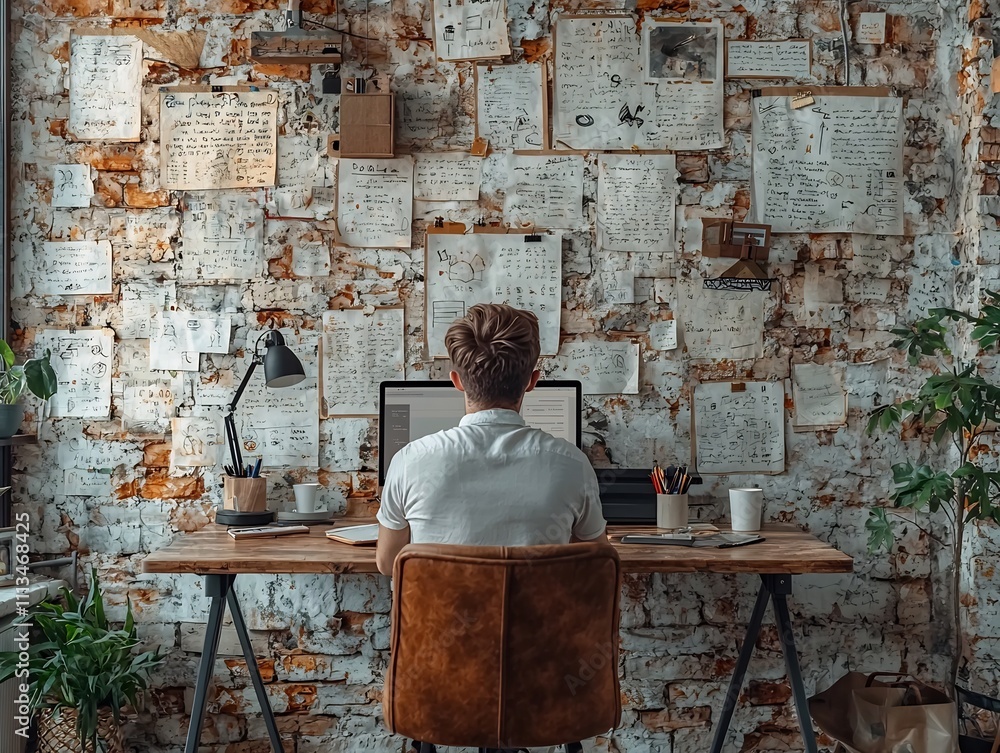 Focused Professional Working at Ergonomic Standing Desk Surrounded by ...