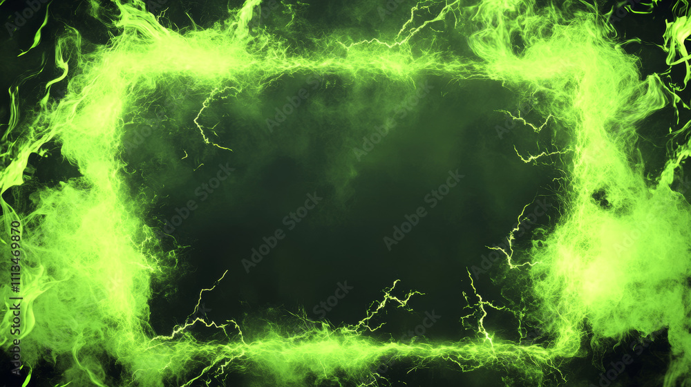Empty frame decorated with neon green toxic smoke and lightning ...