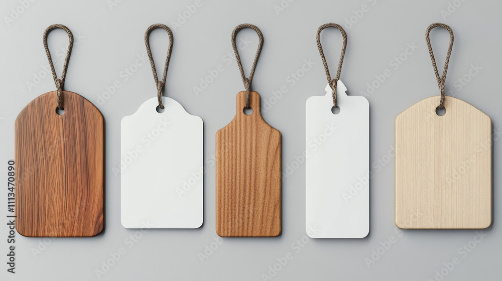 Door hangers on metal and wooden handles mockup. Blank paper or plastic ...