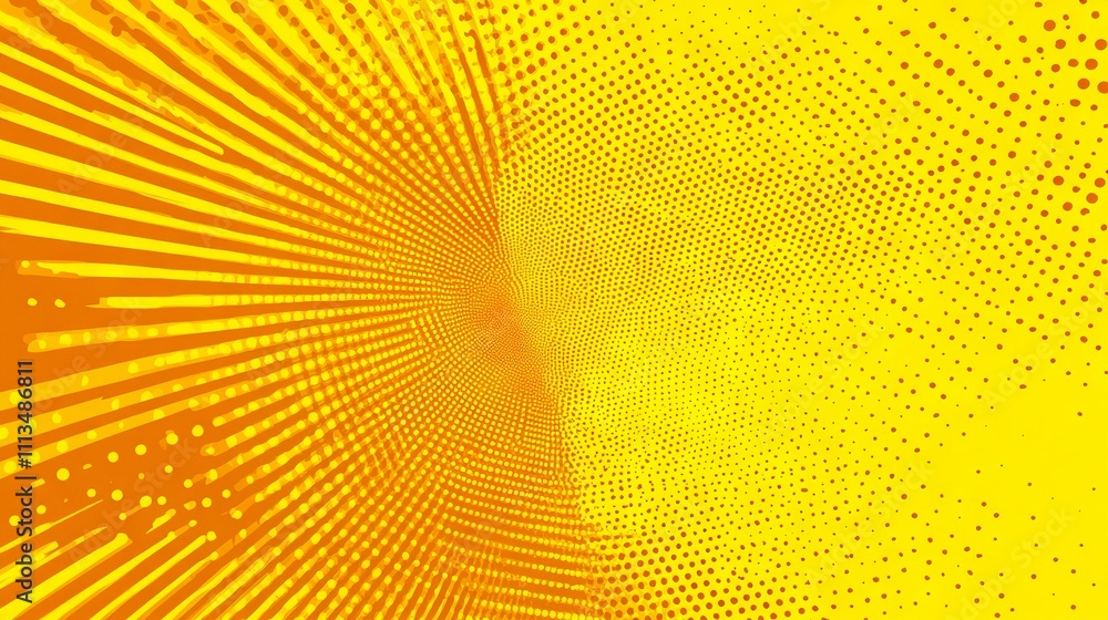 Yellow radial halftone background with retro comic grain, pixelated ...
