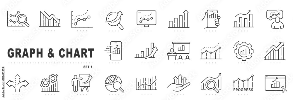 Set of graph and chart related line icons. Diagram, presentation ...