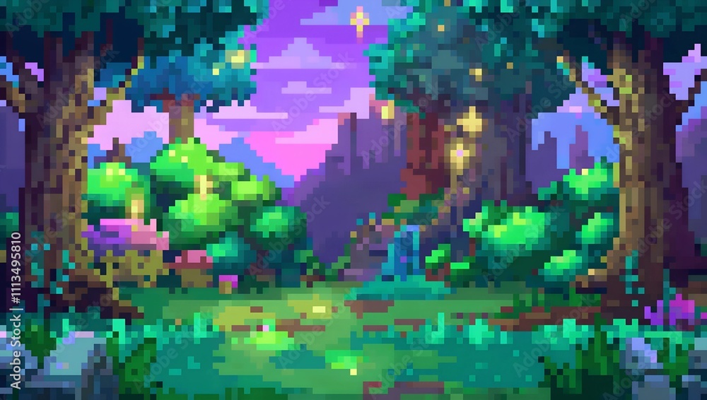 Enchanted forest pixel art background. 8-bit game assets Stock ...