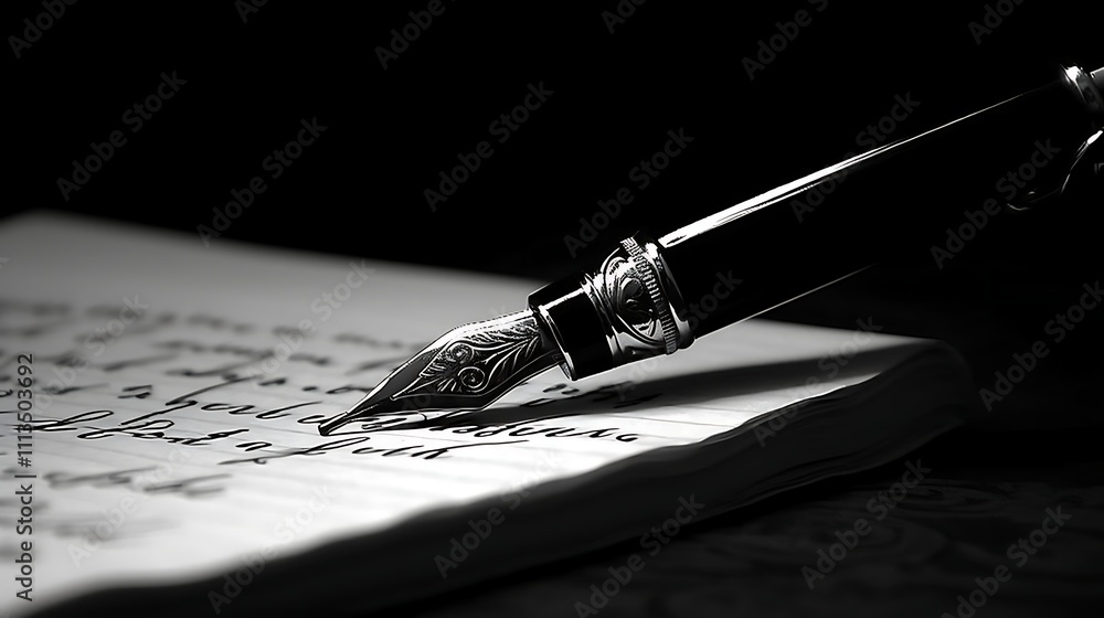 Elegant fountain pen rests on a notepad filled with cursive writing ...