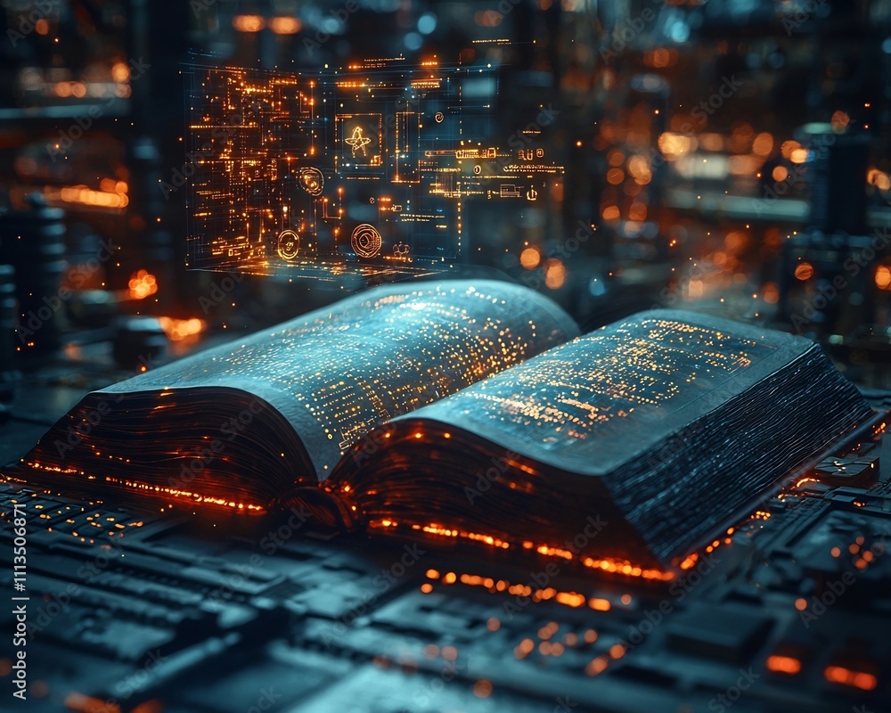 Glowing Digital Book with Floating Scientific Formulas and Diagrams in High Tech Laboratory ...