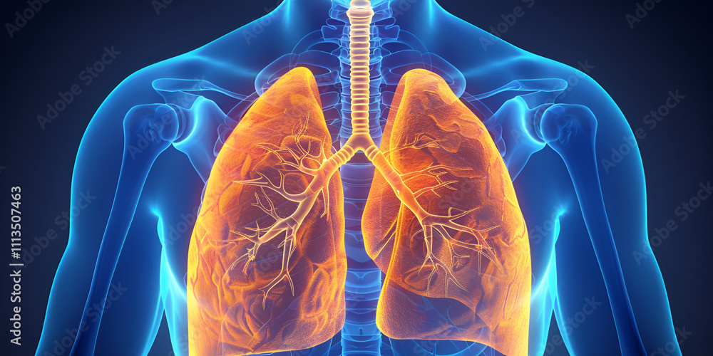 Blue-highlighted human lungs, showcasing their structure and function ...