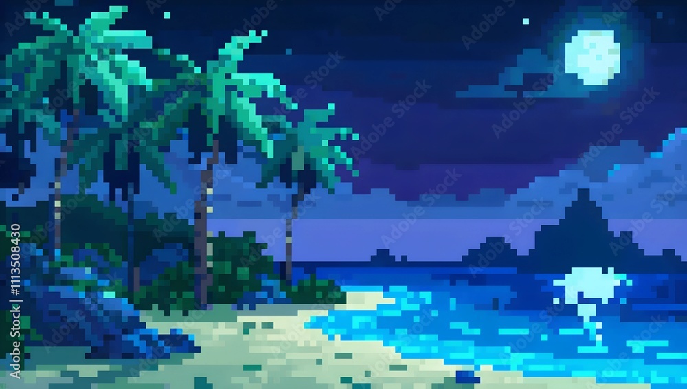 Tropical beach at night pixel art background. 8-bit game assets Stock ...