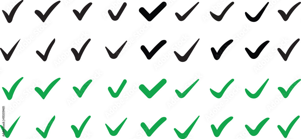 Set of Green check mark icons. Hand-drawn checkmark illustration. Check ...