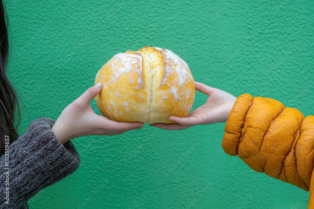 passing a loaf of bread from one hand to another, symbolizing sharing ...