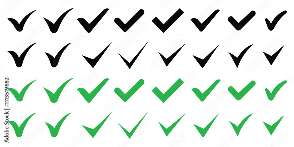 Green check mark icon set, hand-drawn checkmark illustration, approval ...