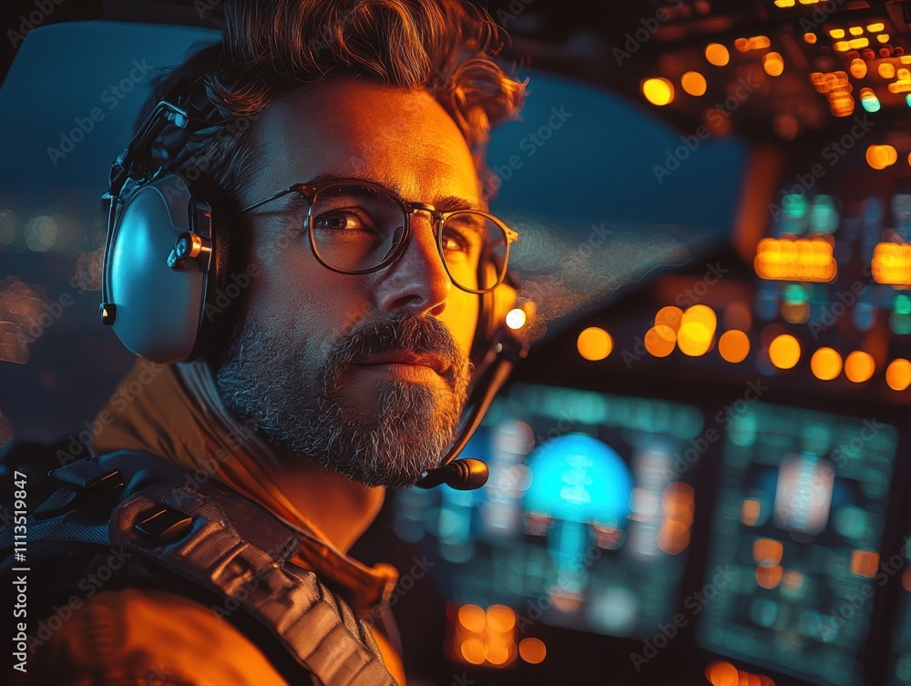 Pilot in cockpit, hands on controls, focused expression, sunset ...