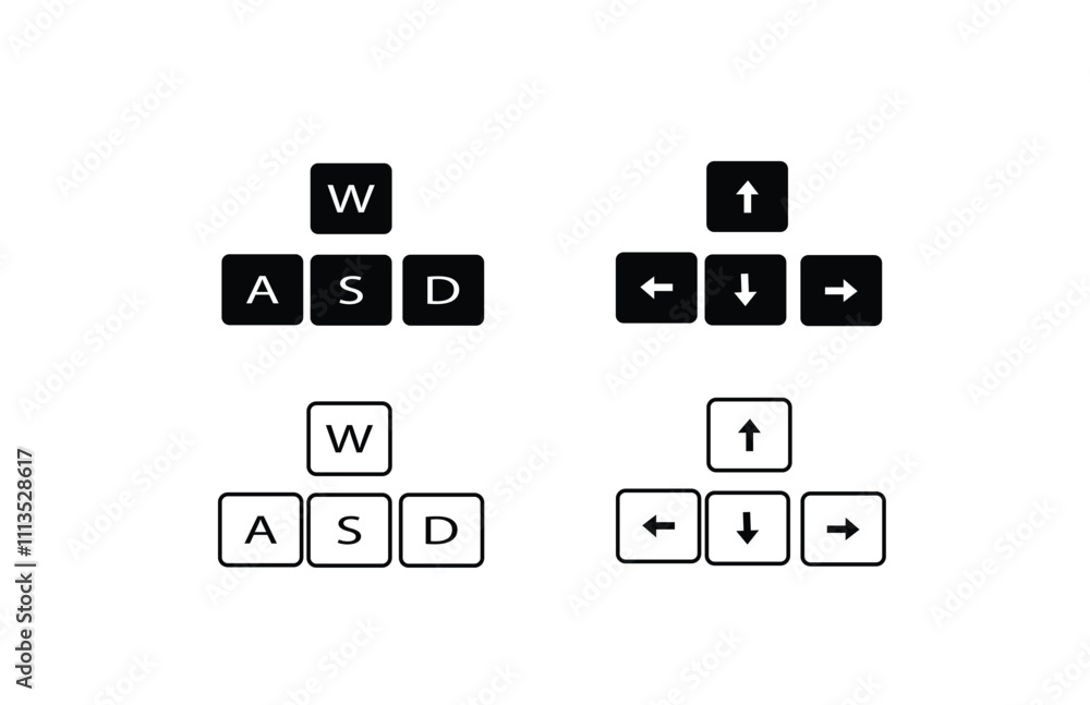 Arrow direction icon. wasd symbol. Key left, right, up, and down signs. Computer button symbols ...