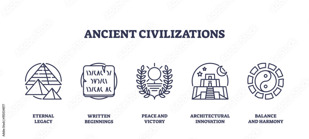 Ancient civilizations icons include pyramids, scrolls, and temples ...