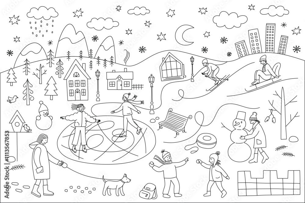 Winter park coloring page with people ice skating, playing snowballs ...