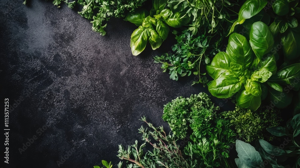 Collection of fresh herbs arranged on a dark kitchen countertop ...
