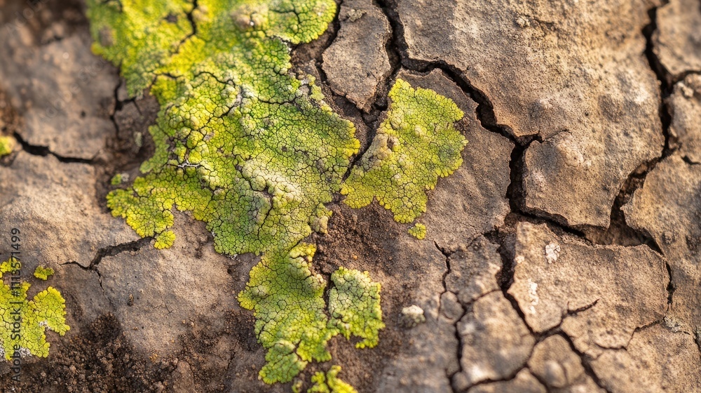 Macro image of green lichen on dry soil, highlighting the intricate textures and vibrant colors ...