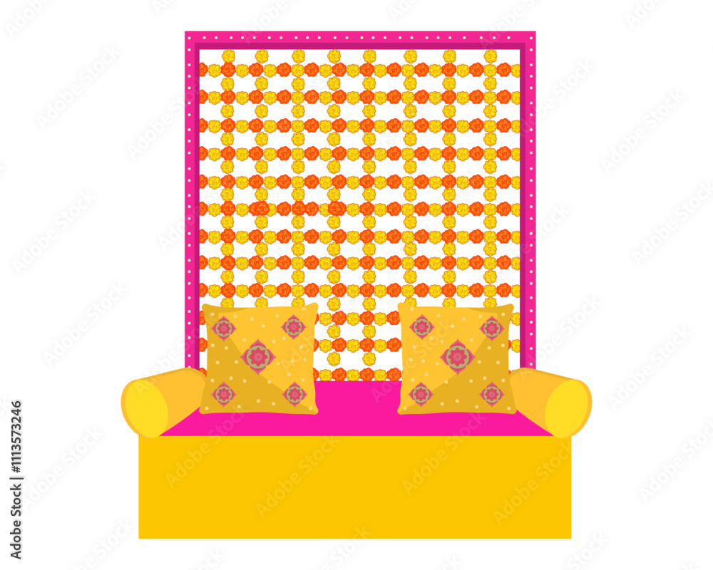 floral backdrop decoration for indian haldi mehendi sangeet ceremony ...