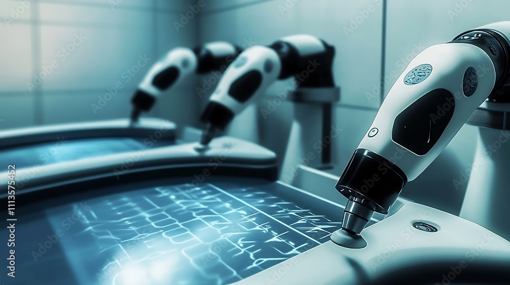 Robotic arms controlling digital workstation in futuristic factory ...