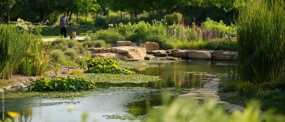 A serene shot of a landscape architect designing a botanical garden ...