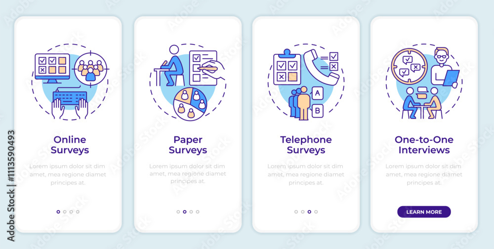 Survey types onboarding mobile app screen. Research methodology ...