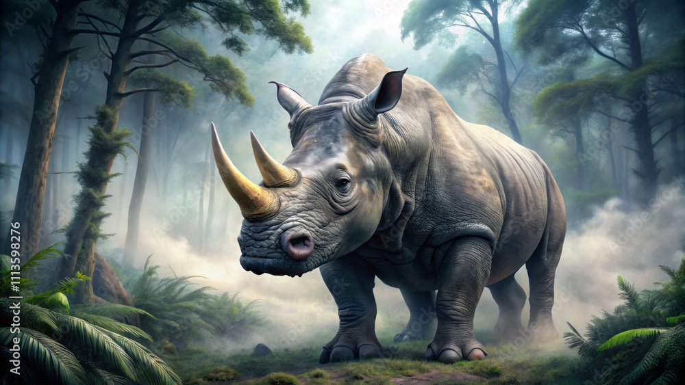 giant horned rhinoceros stands fiercely in misty prehistoric forest ...
