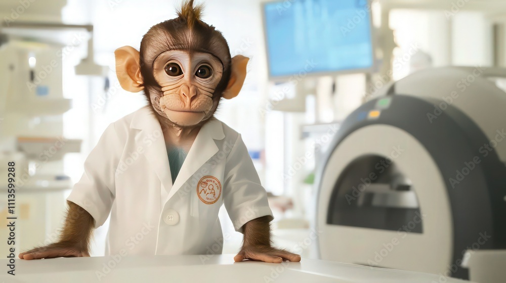A baby monkey wearing a doctor's lab coat, standing proudly by a clean ...