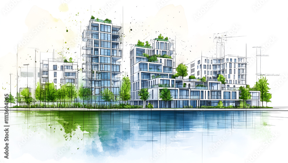 Ilustração Eco-Friendly Urban Redevelopment, virtual blueprint of an ...