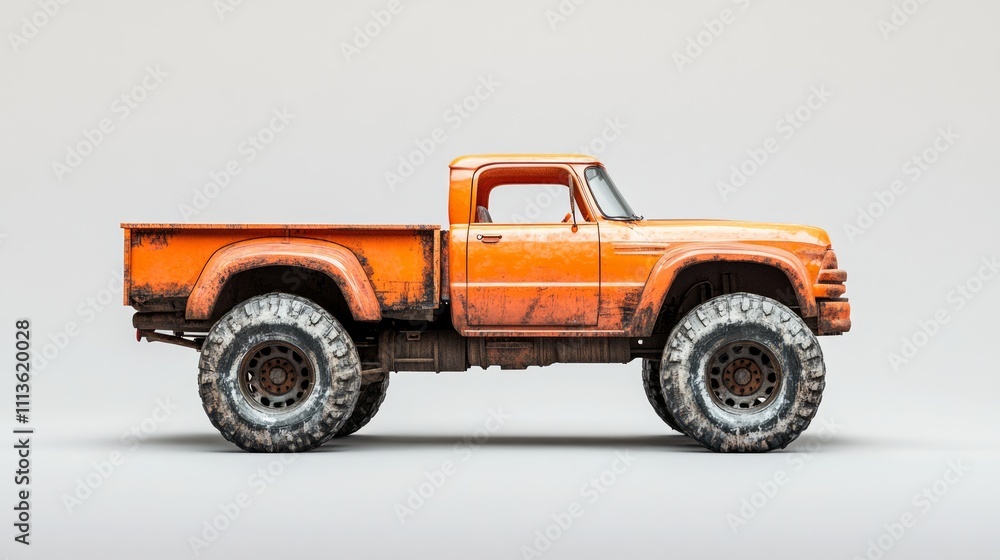Orange muddy off-road pickup truck side view on plain background. Stock ...