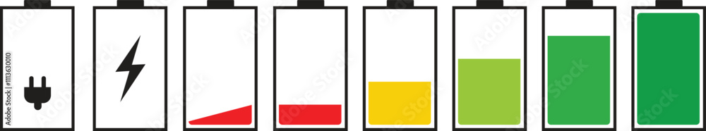 Battery charge level indicator icon set. Discharged and fully charged ...