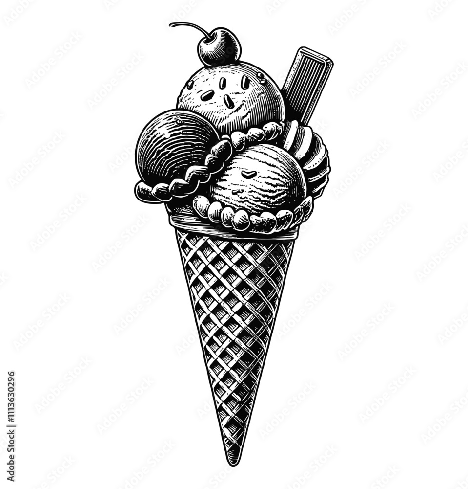 ice cream cone toppings engraving black and white outline Stock Vector ...