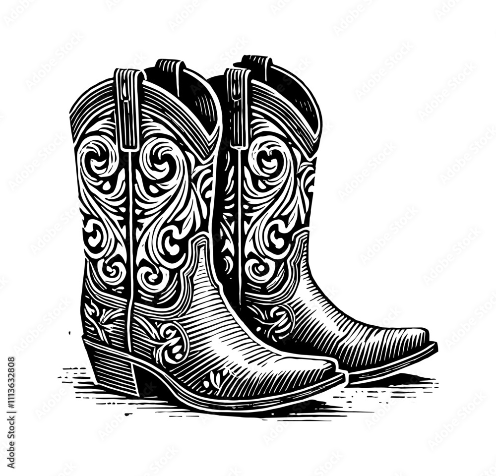 pair of cowboy boots in a woodcut engraving or linocut style engraving ...