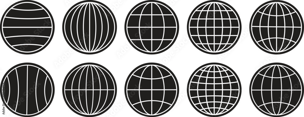 World globe icons set. Earth globe sign. World globe grids in circle ...