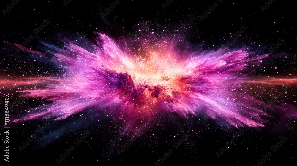 Explosion of vibrant pink and purple nebula gases on a solid black ...