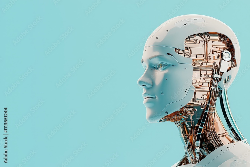 biometric authentication AI concept. Futuristic robot head with circuit ...